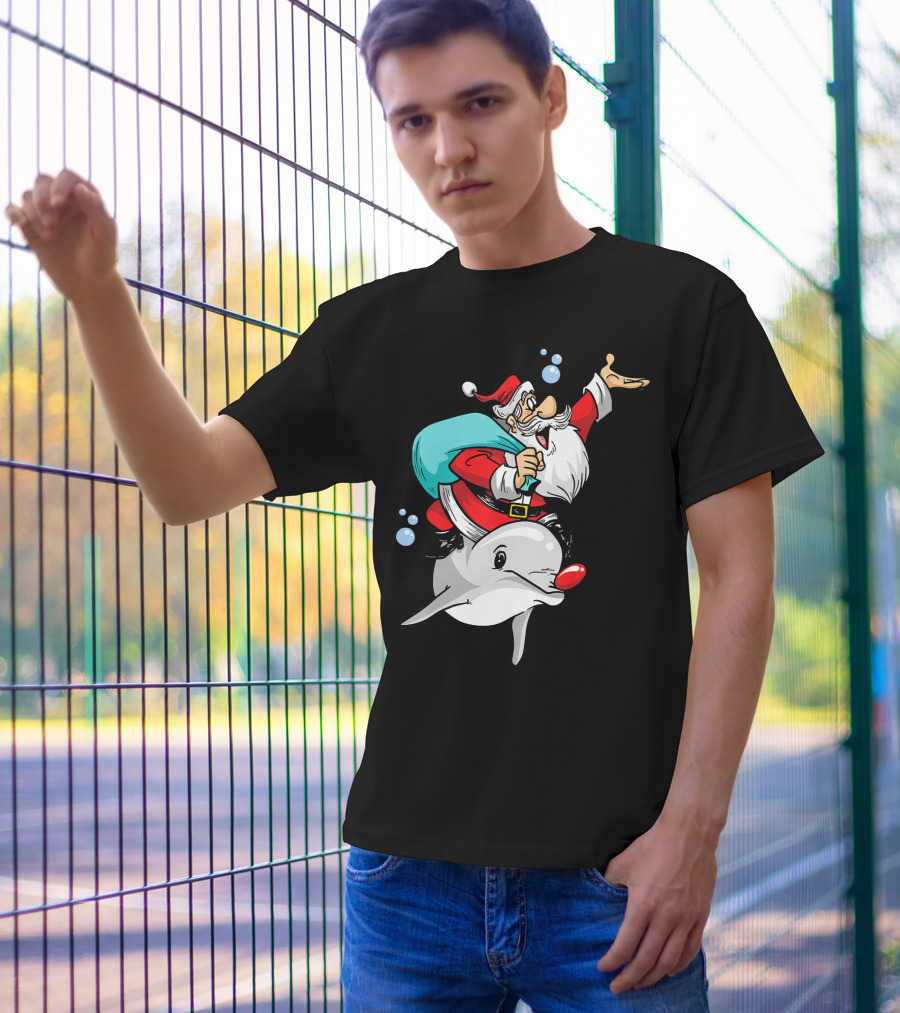 Christmas In July Santa Riding A Rudolph-Nosed Dolphin T-Shirt