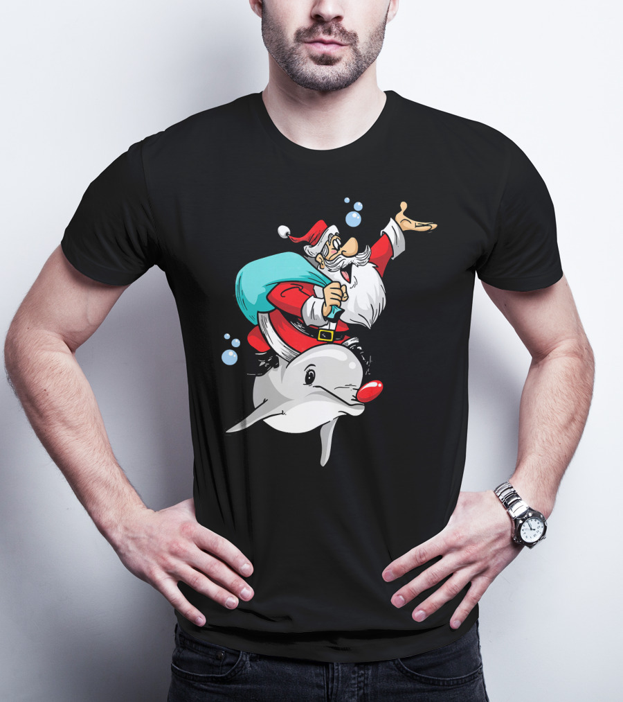 Christmas In July Santa Riding A Rudolph-Nosed Dolphin T-Shirt