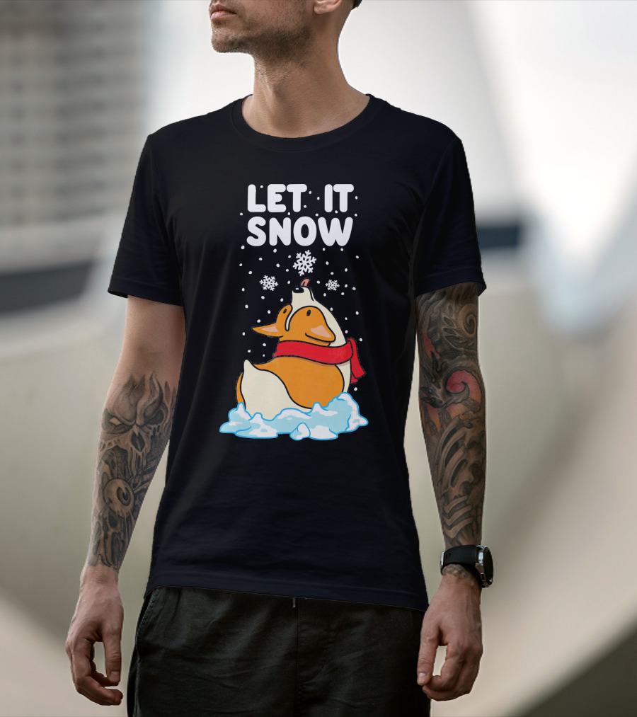 Let It Snow Corgi With Red Scarf In Snowfall T-Shirt