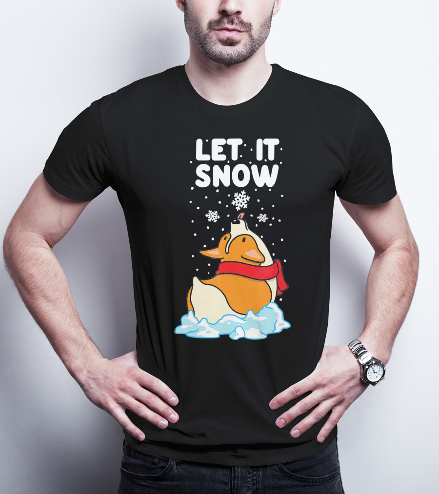 Let It Snow Corgi With Red Scarf In Snowfall T-Shirt