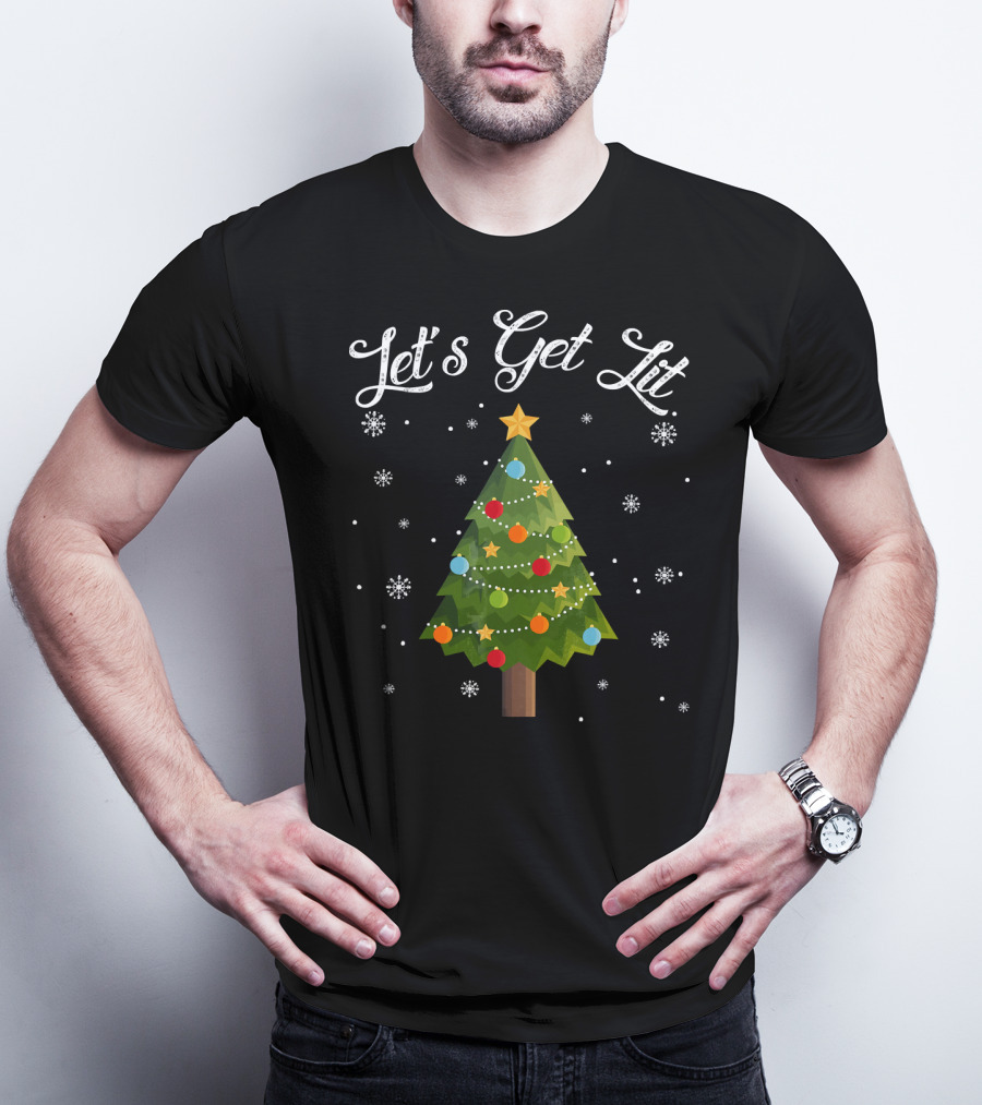 Let's Get Lit Christmas Tree Funny Drink Snowflakes T-Shirt