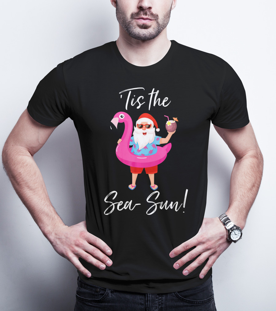 Tis The Sea-Sun Santa Claus Flamingo Float T-Shirt