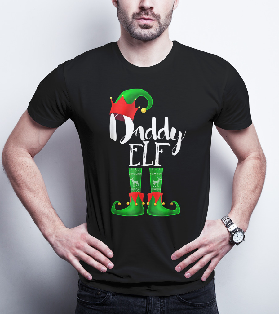 Daddy Elf Christmas Hat And Boots With Festive Green Socks T-Shirt