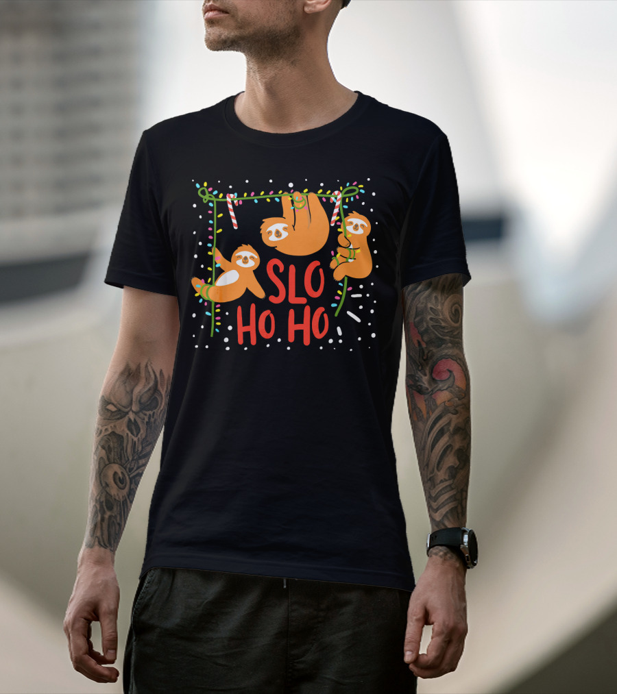 Slo Ho Ho Ho Christmas Sloth Hanging With Candy Cane And Lights T-Shirt