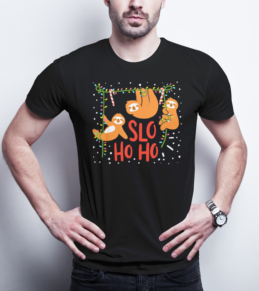 Slo Ho Ho Ho Christmas Sloth Hanging With Candy Cane And Lights T-Shirt