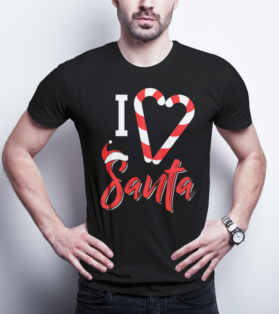 Christmas I Love Santa Candy Cane Heart With Santa Hat T-Shirt