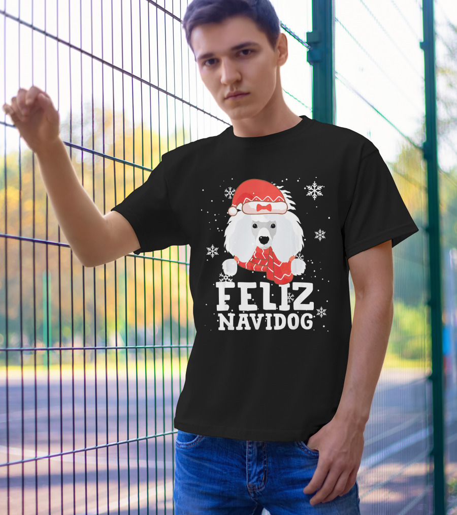 Feliz Navidog Poodle Dog Snowflakes Santa Hat Red Scarf T-Shirt