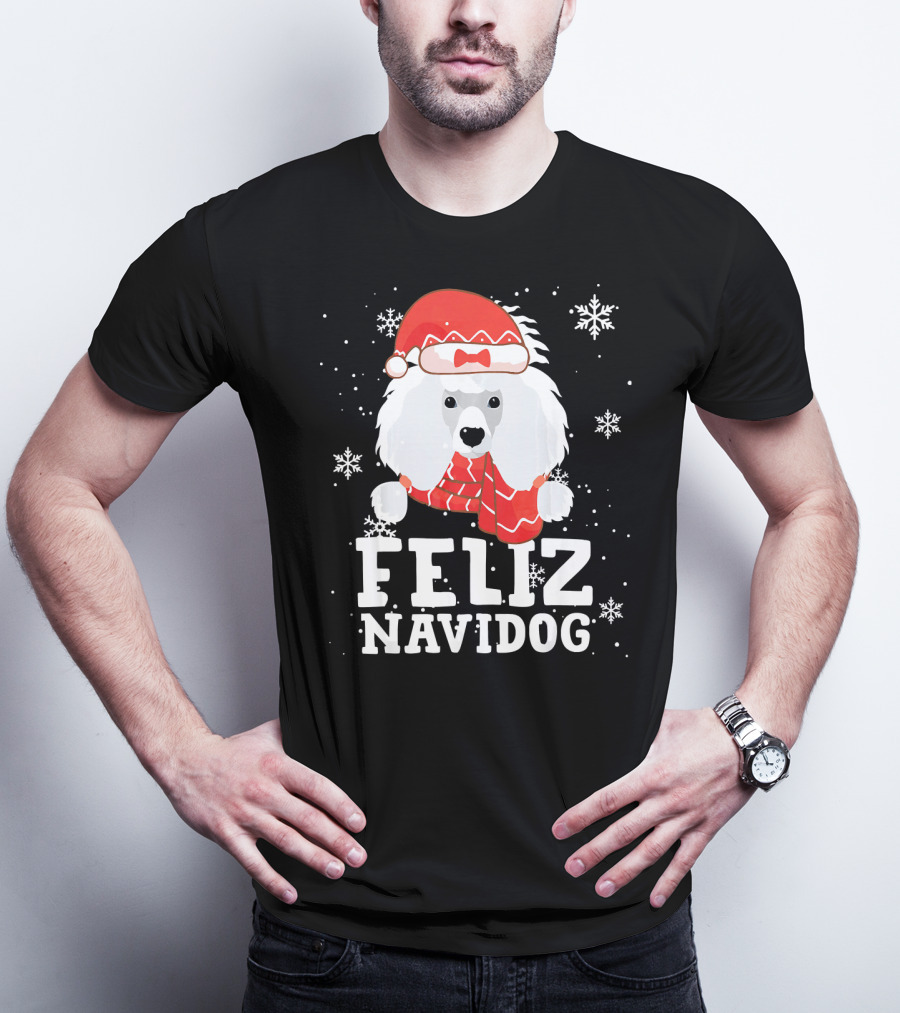 Feliz Navidog Poodle Dog Snowflakes Santa Hat Red Scarf T-Shirt