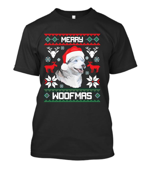 Merry Woofmas Siberian Husky Dog In Santa Hat With Reindeer And Snowflakes T-Shirt