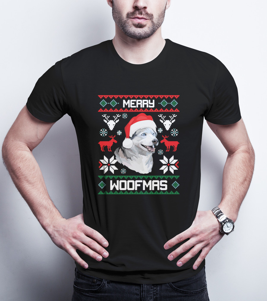 Merry Woofmas Siberian Husky Dog In Santa Hat With Reindeer And Snowflakes T-Shirt