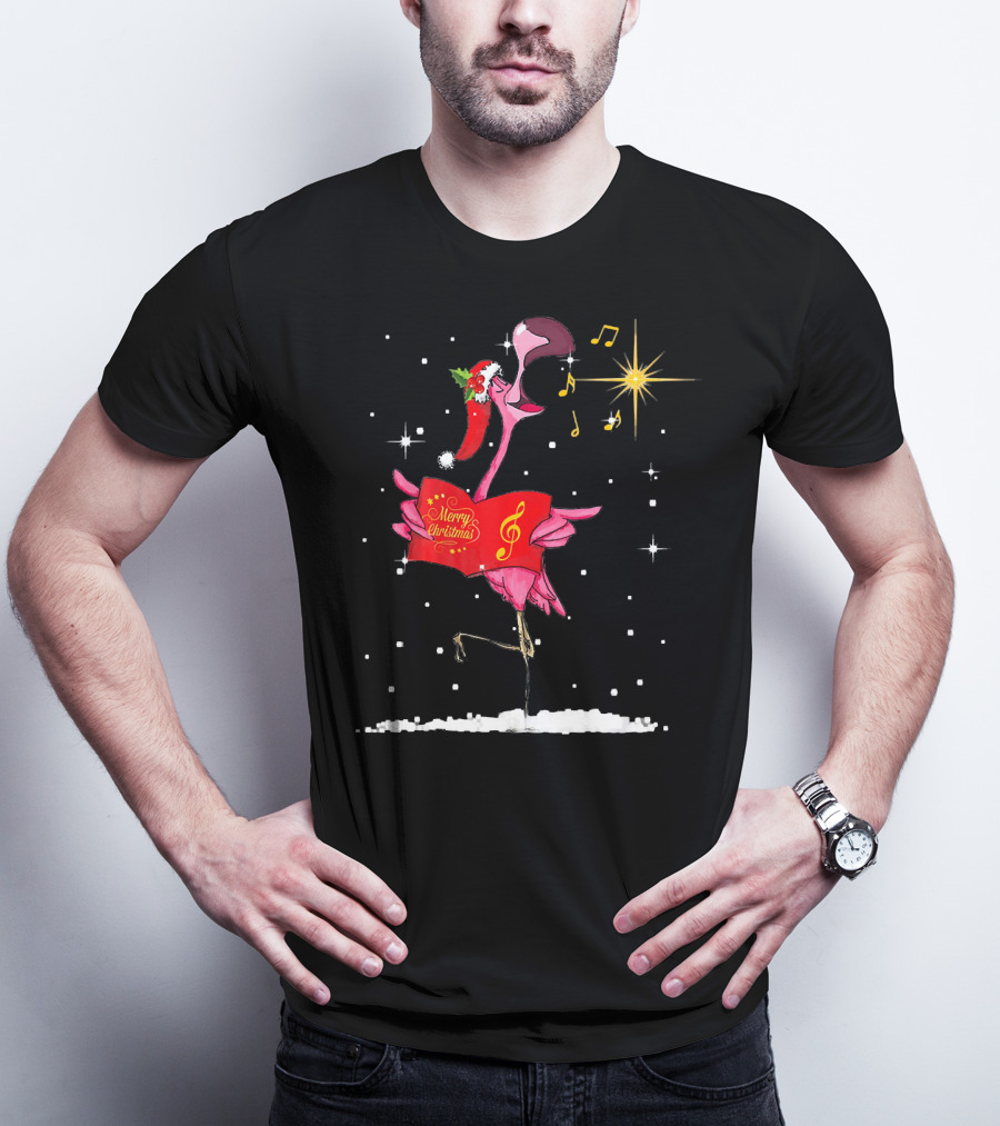 Funny Flamingo Sings Merry Christmas Song With Musical Notes And Santa Hat T-Shirt