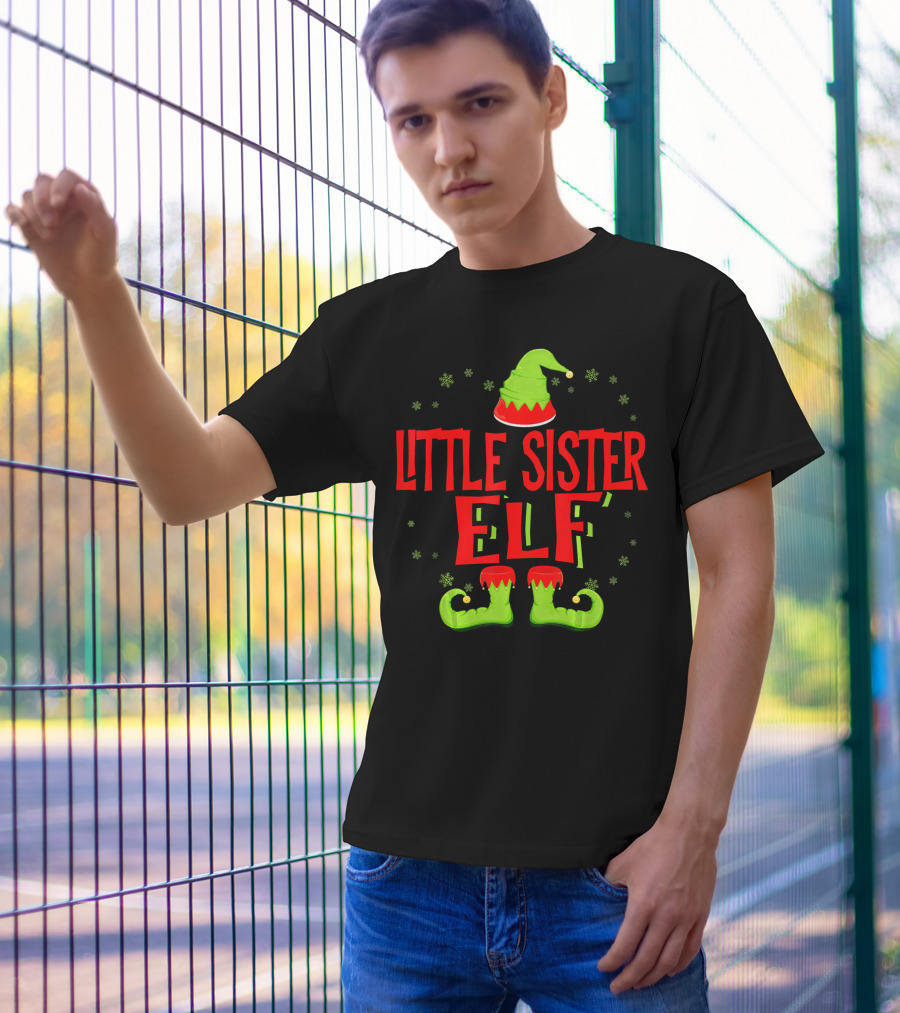 Little Sister Elf Christmas Hat And Shoes T-Shirt