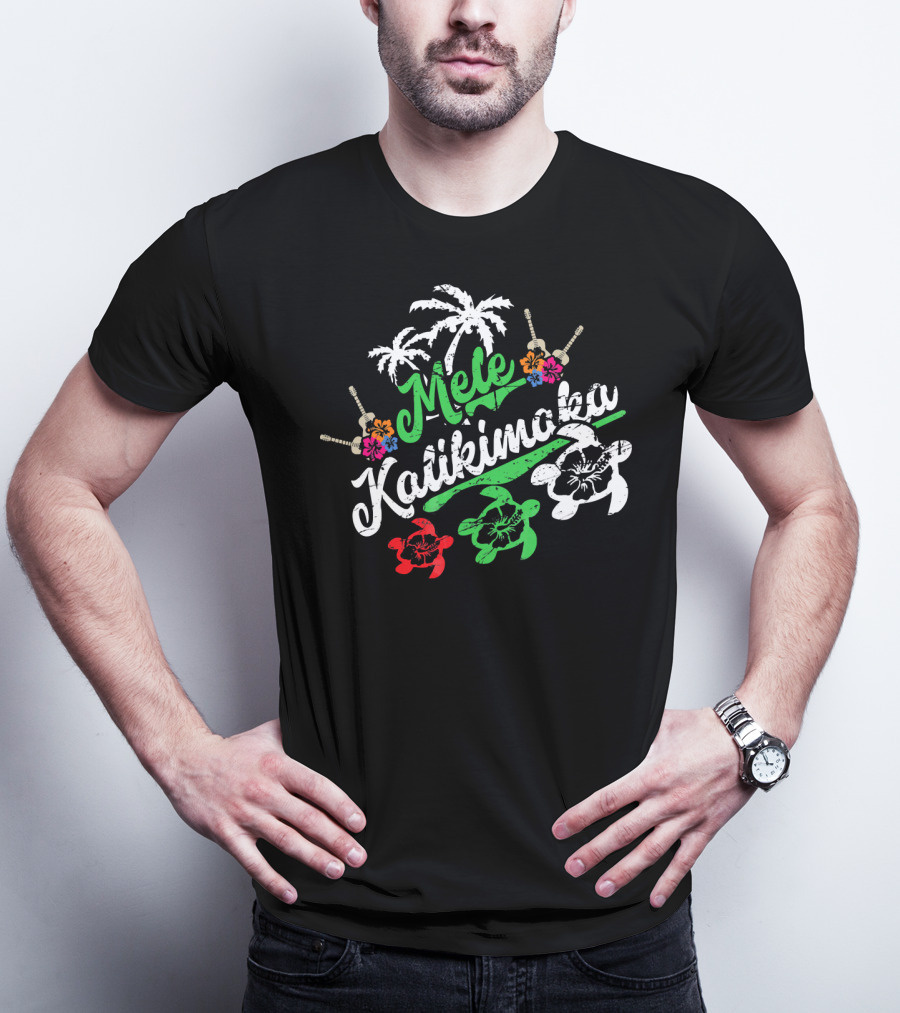 Mele Kalikimaka Hawaiian Turtles Palm Trees Flowers T-Shirt