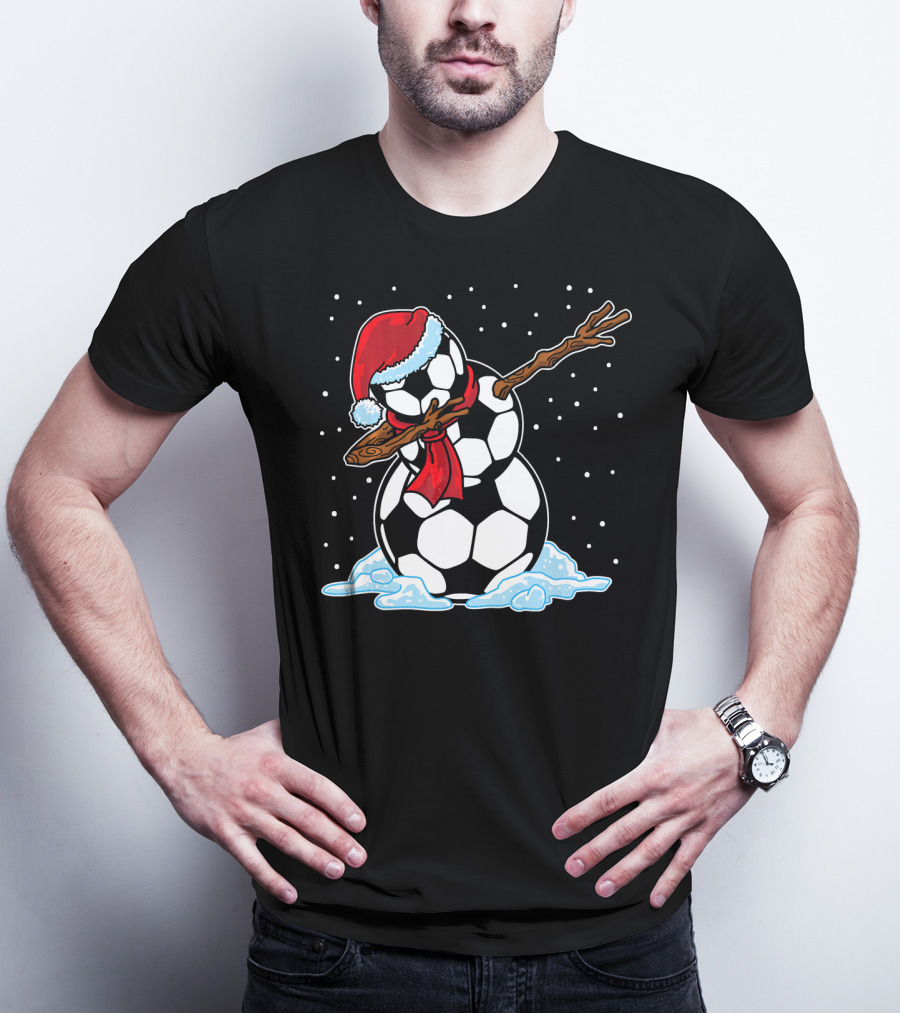 Santa Hat Soccer Ball Snowman With Red Scarf Dabbing In Snowflakes T-Shirt