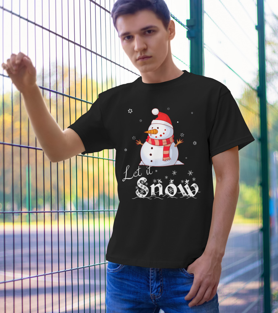 Let It Snow Cute Snowman In Santa Hat And Scarf With Snowflakes T-Shirt