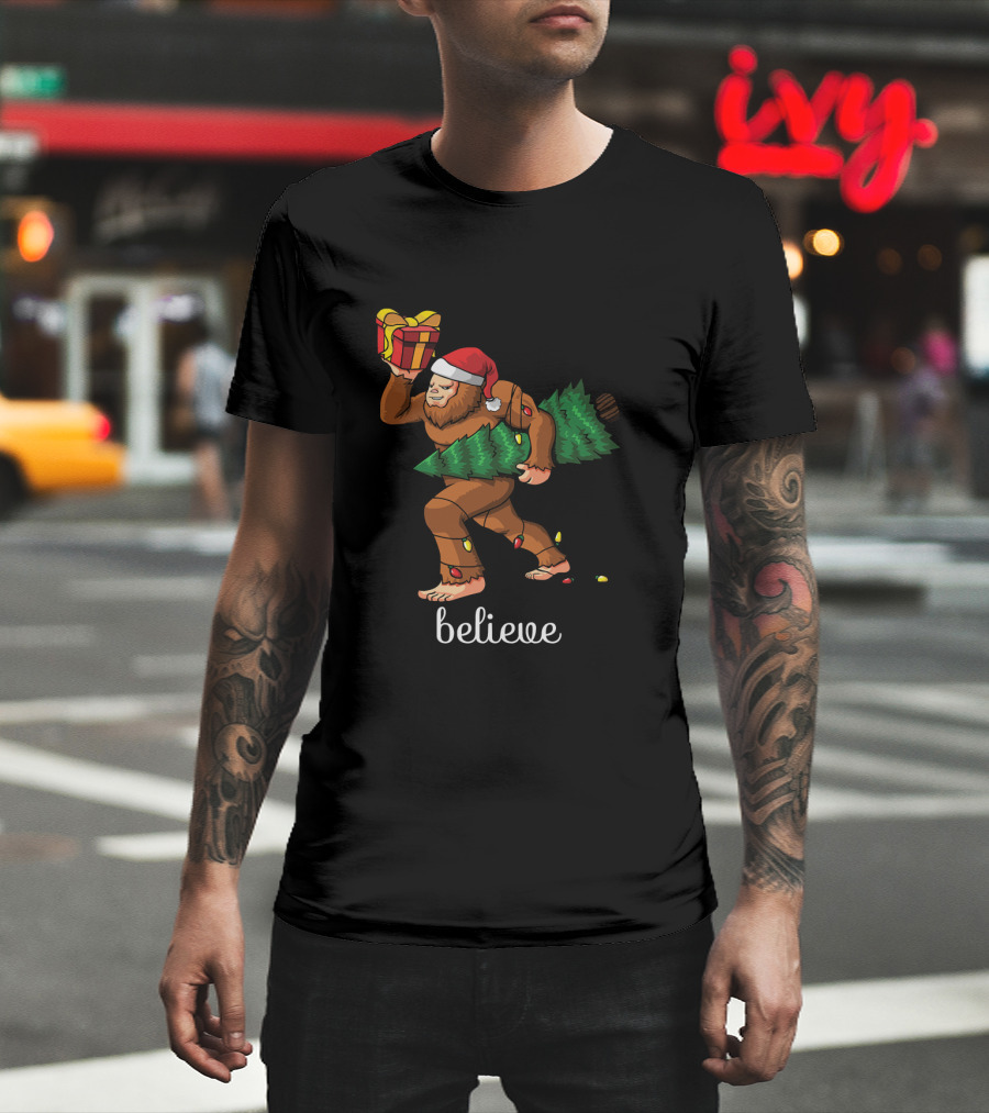 Believe Bigfoot Christmas Tree Sasquatch Santa Hat Gift T-Shirt