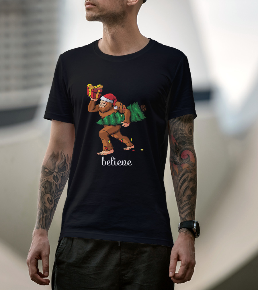 Believe Bigfoot Christmas Tree Sasquatch Santa Hat Gift T-Shirt