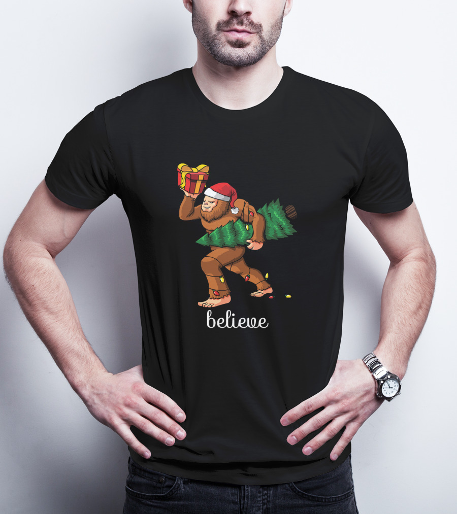 Believe Bigfoot Christmas Tree Sasquatch Santa Hat Gift T-Shirt