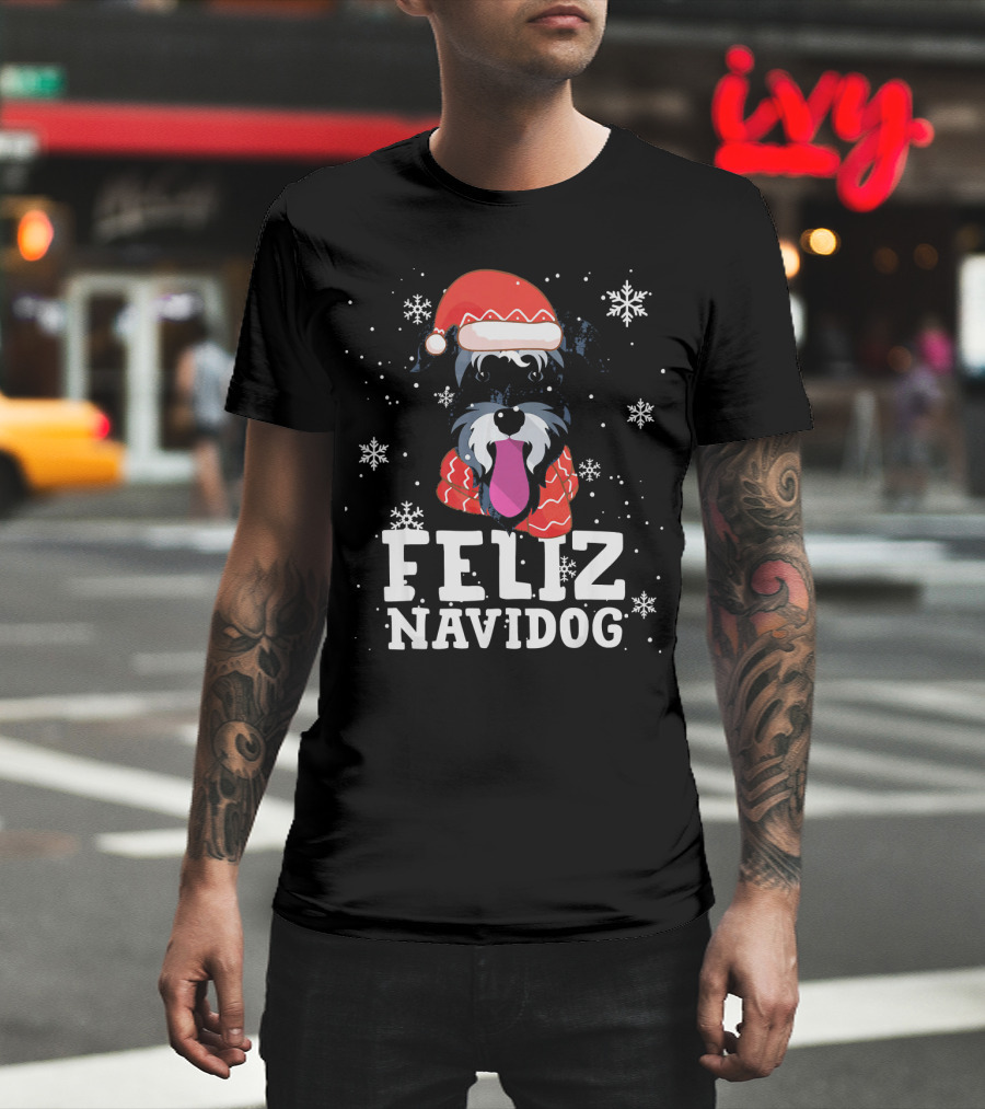 Feliz Navidog Miniature Schnauzer Dog Santa Hat Snowflakes T-Shirt