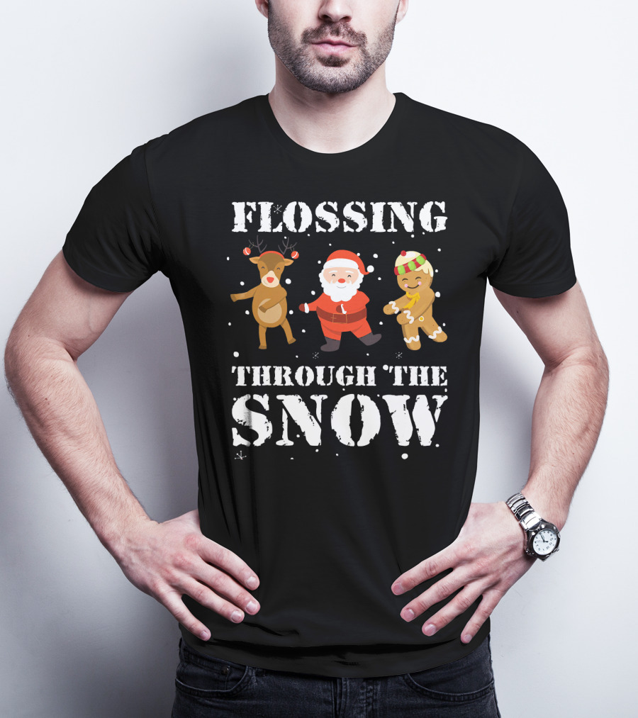 Flossing Through The Snow Santa Reindeer Gingerbread Dancing T-Shirt