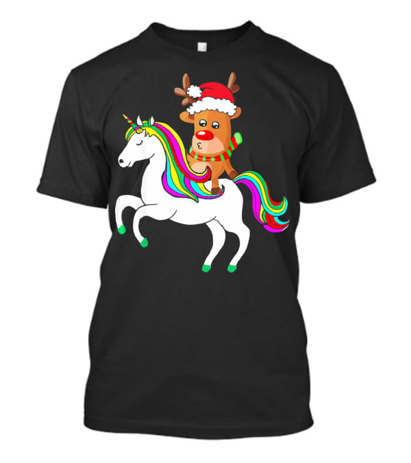 Reindeer In Santa Hat Riding Colorful-Maned Unicorn T-Shirt