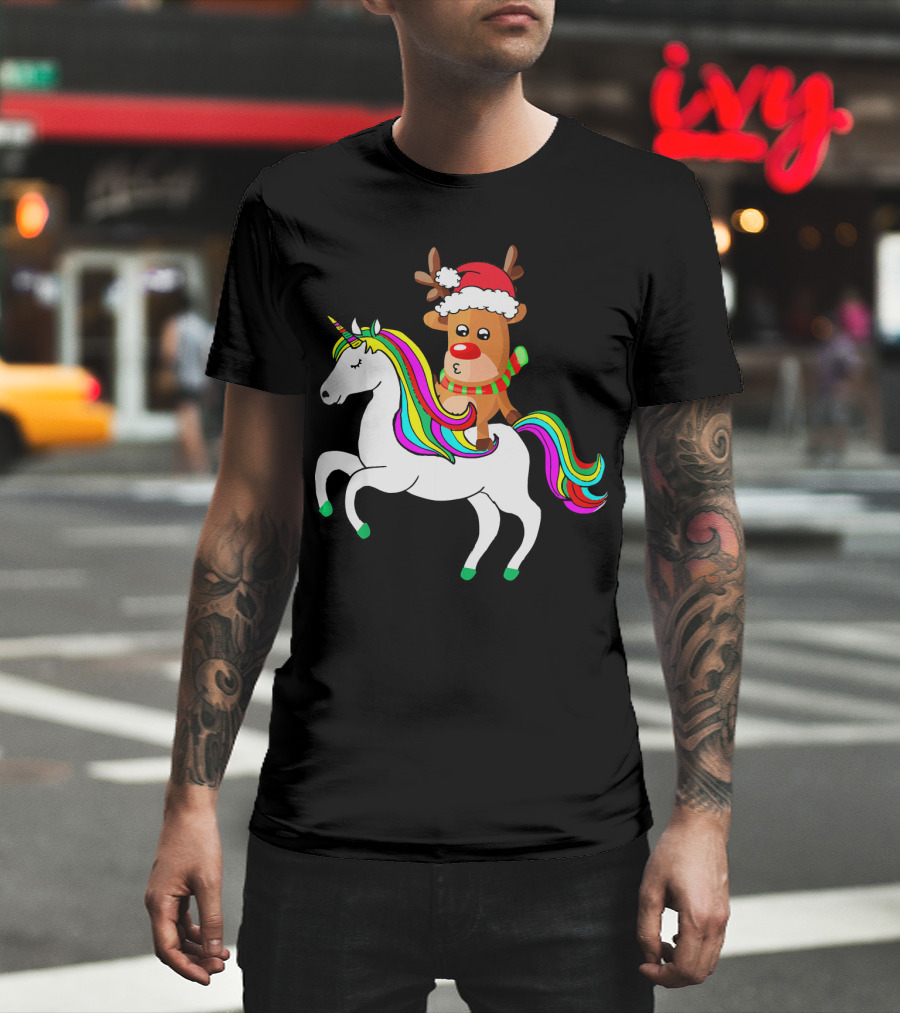 Reindeer In Santa Hat Riding Colorful-Maned Unicorn T-Shirt