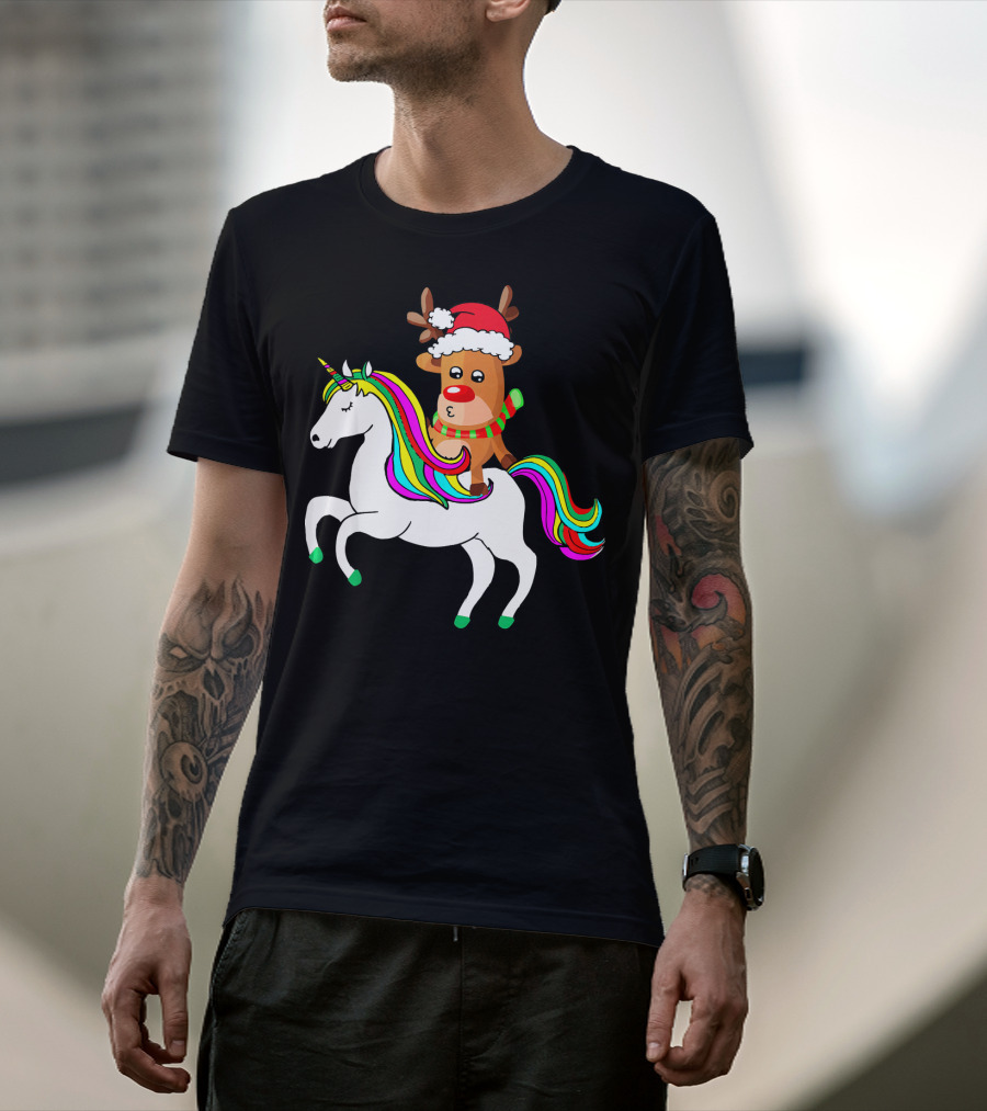 Reindeer In Santa Hat Riding Colorful-Maned Unicorn T-Shirt