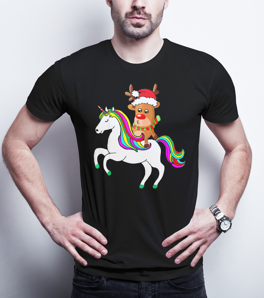 Reindeer In Santa Hat Riding Colorful-Maned Unicorn T-Shirt