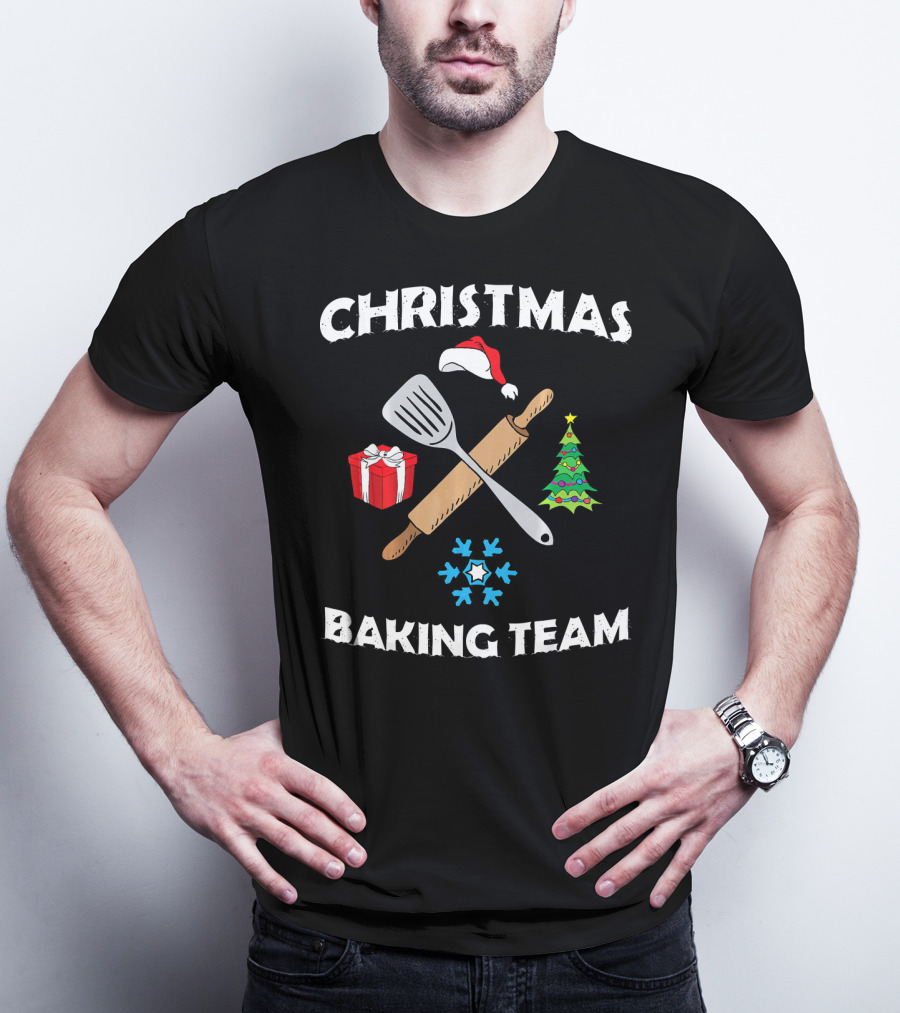 Christmas Baking Team Santa Hat Spatula Rolling Pin Tree Gift Snowflakes T-Shirt