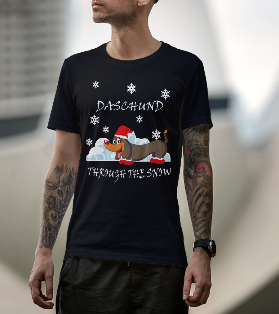Daschund Through The Snow Santa Hat Snowflakes T-Shirt