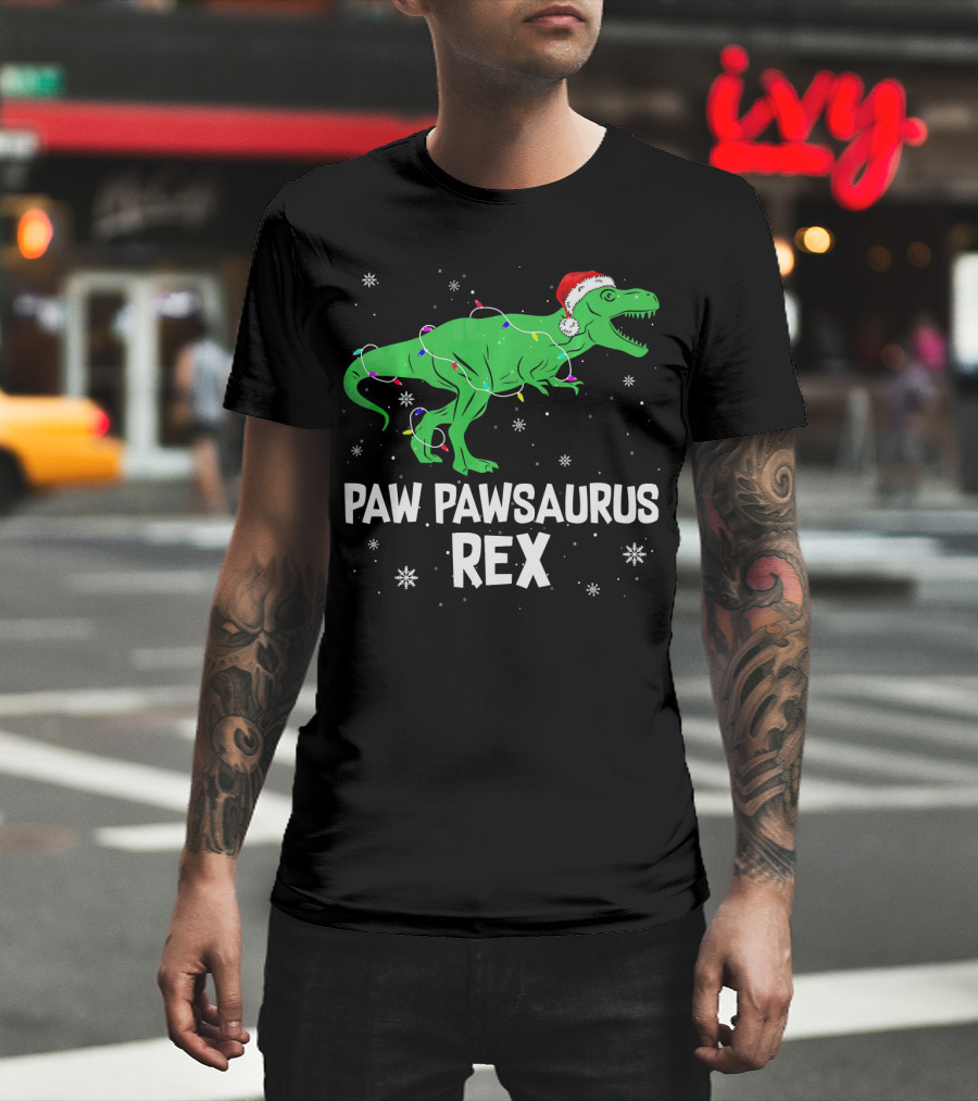 Paw Paw Saurus Rex Santa Hat Christmas Lights T-Shirt