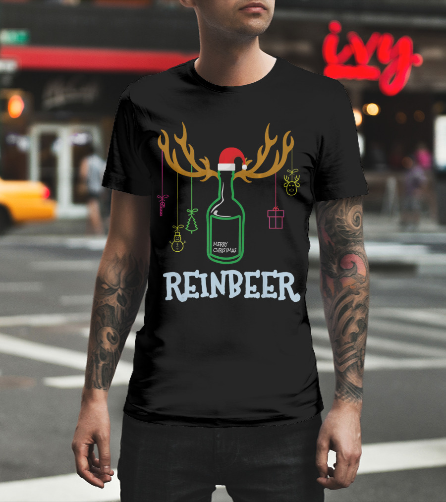 Reinbeer Merry Christmas Antler Bottle With Santa Hat And Hanging Decorations T-Shirt