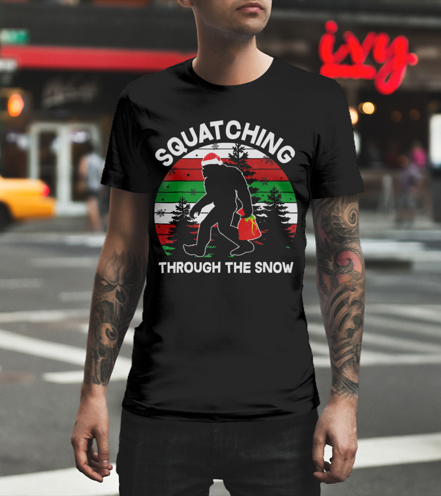 Squatching Through The Snow Santa Bigfoot T-Shirt