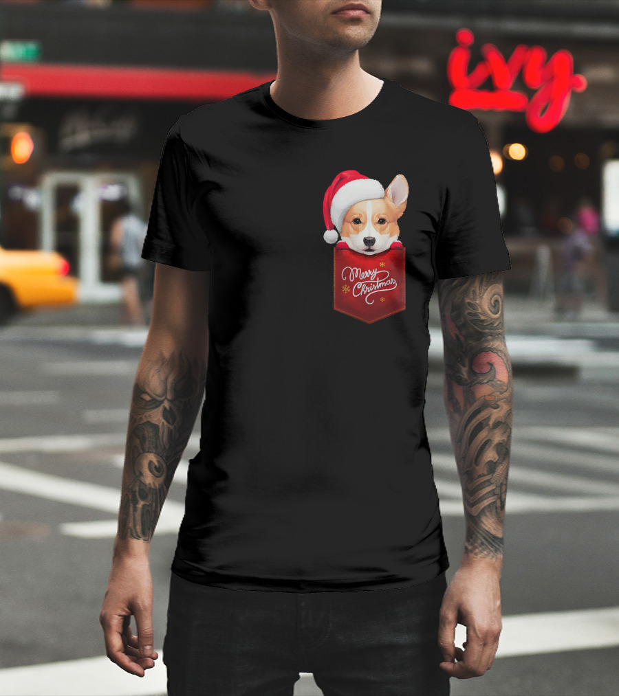 Merry Christmas Welsh Corgi In Santa Hat Pocket T-Shirt