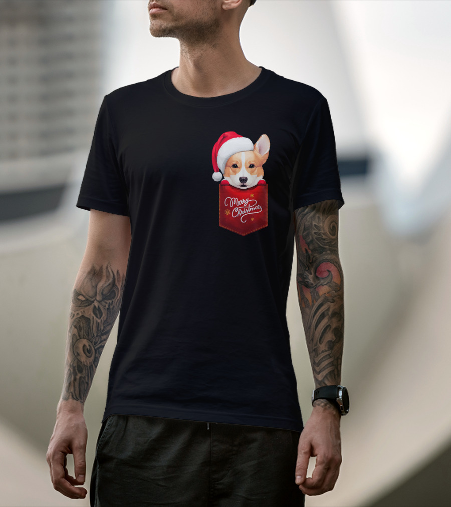 Merry Christmas Welsh Corgi In Santa Hat Pocket T-Shirt