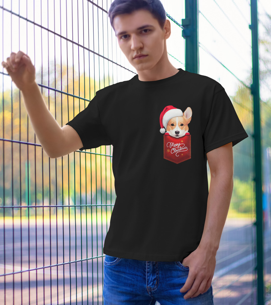 Merry Christmas Welsh Corgi In Santa Hat Pocket T-Shirt