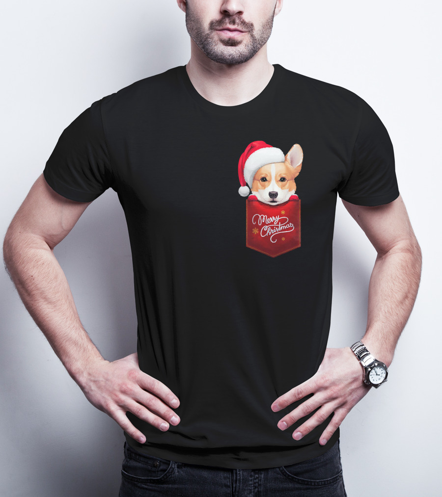 Merry Christmas Welsh Corgi In Santa Hat Pocket T-Shirt