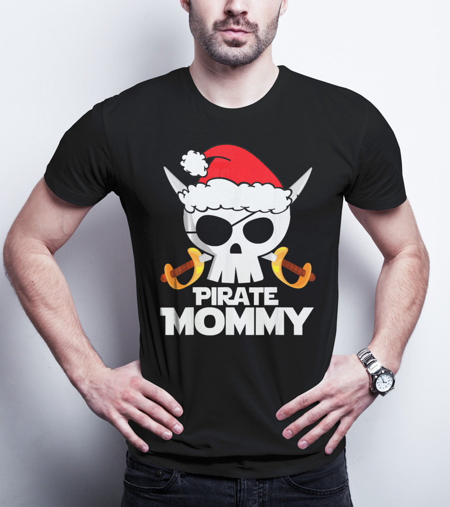 Funny Santa Claus Pirate Mommy Skull With Santa Hat And Swords T-Shirt