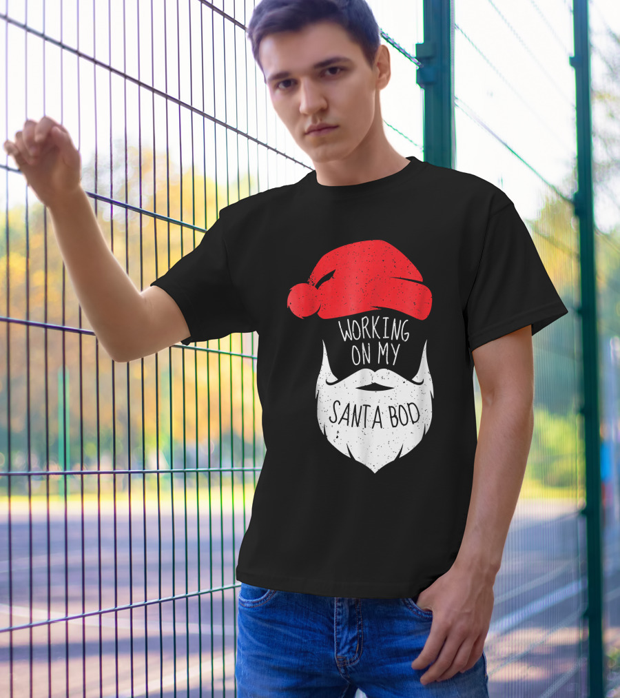 Mens Working On My Santa Bod Beard Santa Hat T-Shirt