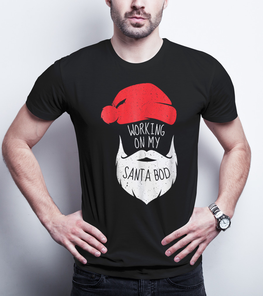 Mens Working On My Santa Bod Beard Santa Hat T-Shirt
