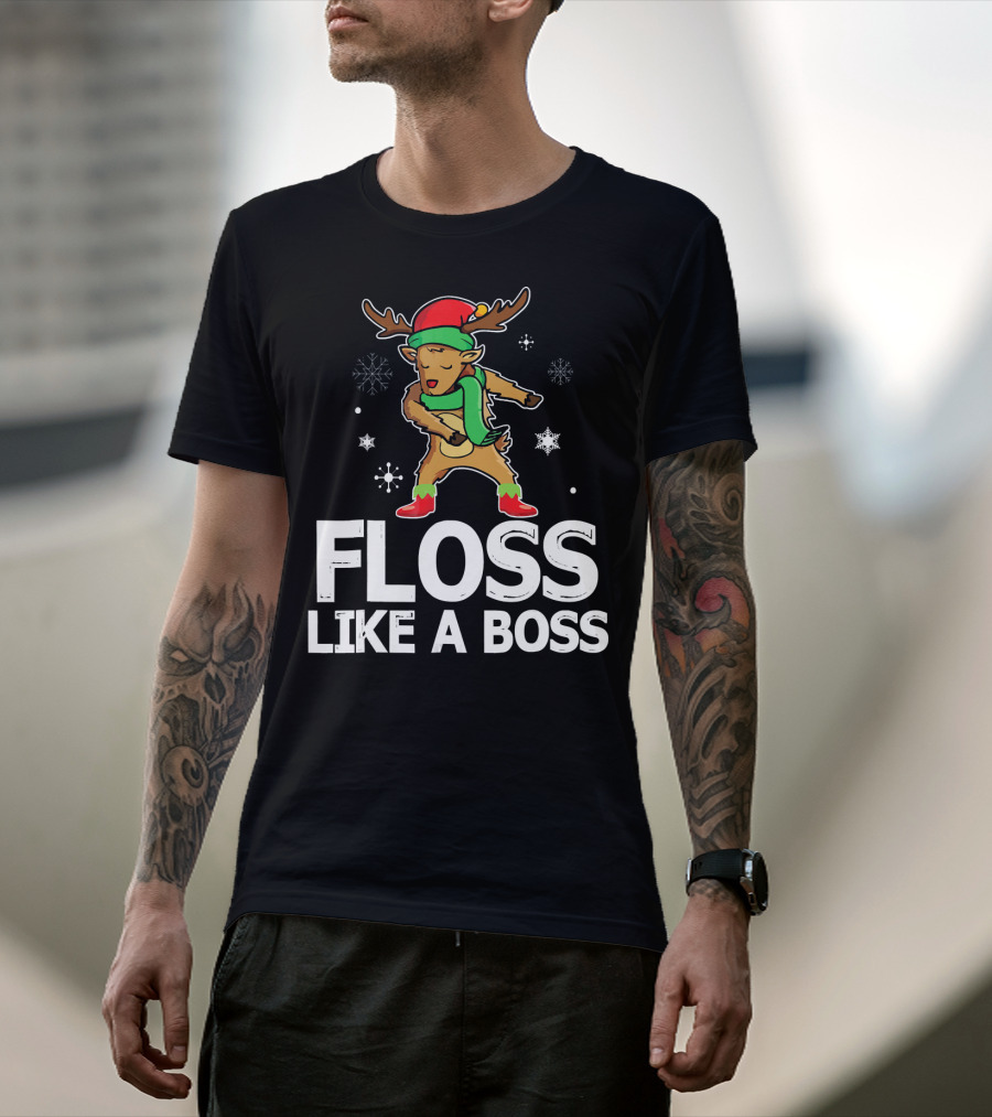 Reindeer ELF Costume Floss Like A Boss Snowflakes Christmas Dance T-Shirt