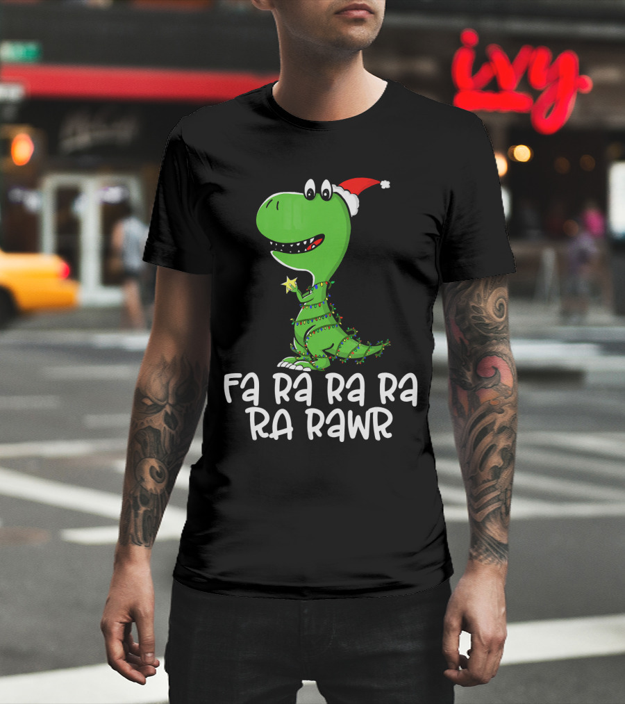 Fa Ra Ra Ra Rawr Dinosaur Christmas Lights Santa Hat T-Shirt