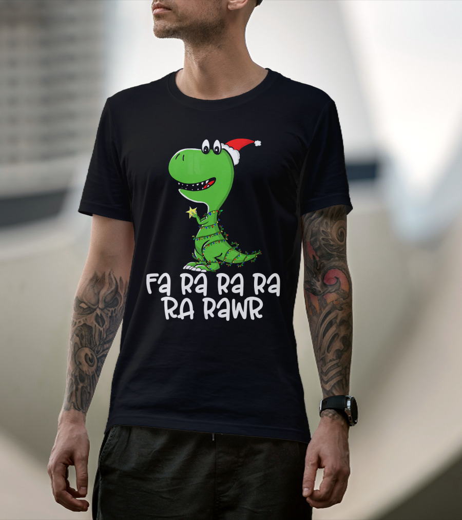 Fa Ra Ra Ra Rawr Dinosaur Christmas Lights Santa Hat T-Shirt