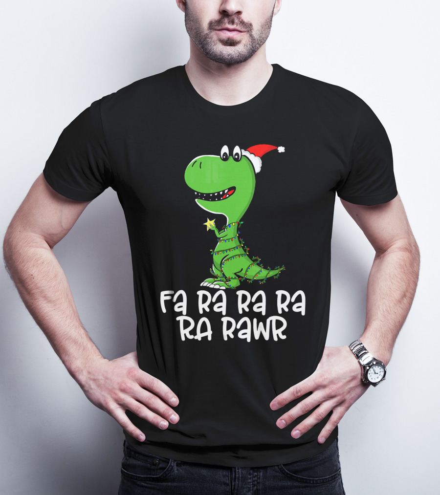 Fa Ra Ra Ra Rawr Dinosaur Christmas Lights Santa Hat T-Shirt