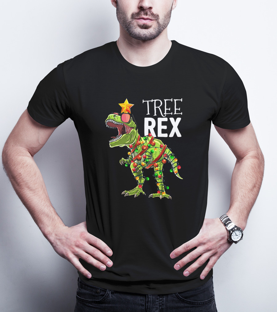 Tree Rex Dinosaur With Christmas Lights And Star T-Shirt