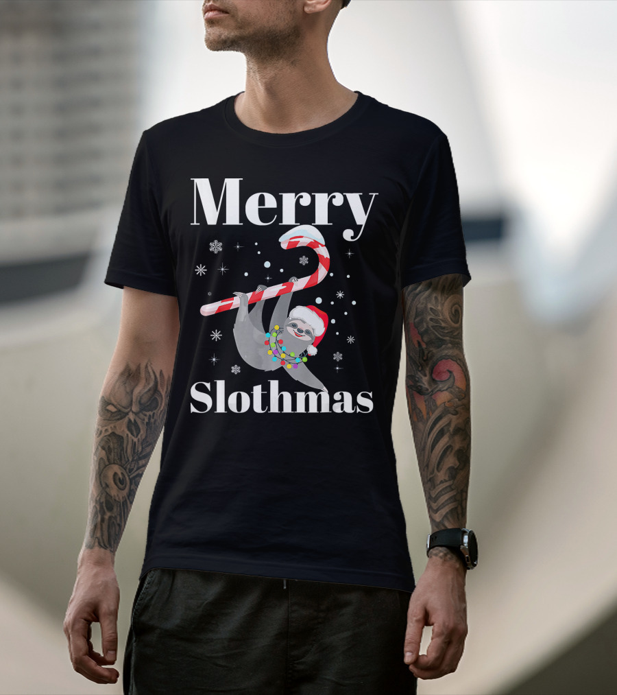 Merry Slothmas Christmas Sloths Candy Cane Santa Hat Snowflakes T-Shirt