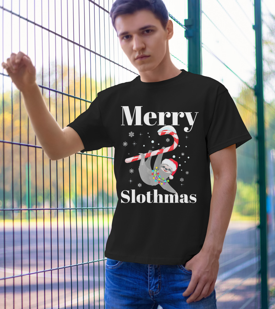 Merry Slothmas Christmas Sloths Candy Cane Santa Hat Snowflakes T-Shirt