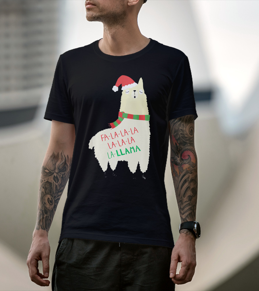 Fa La La La Llama Holiday Llama In Santa Hat And Scarf T-Shirt