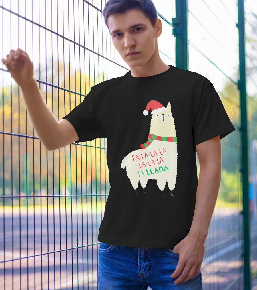 Fa La La La Llama Holiday Llama In Santa Hat And Scarf T-Shirt