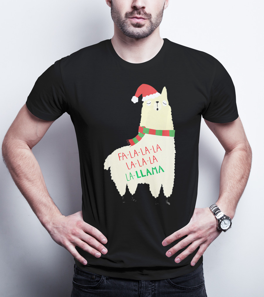 Fa La La La Llama Holiday Llama In Santa Hat And Scarf T-Shirt